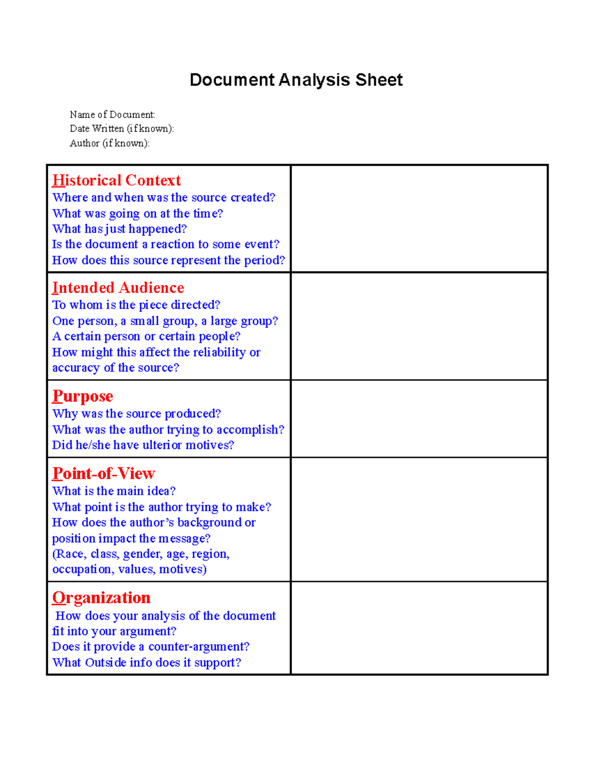 Copy of Apush Document Analysis Sheet - Document Analysis Sheet Name of ...