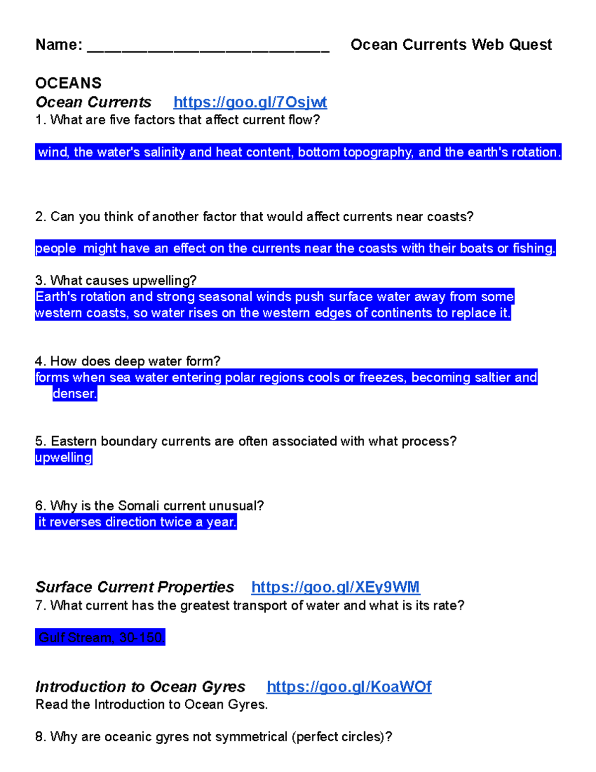 Copy of Copy of Ocean Currents Webquest - Name ...
