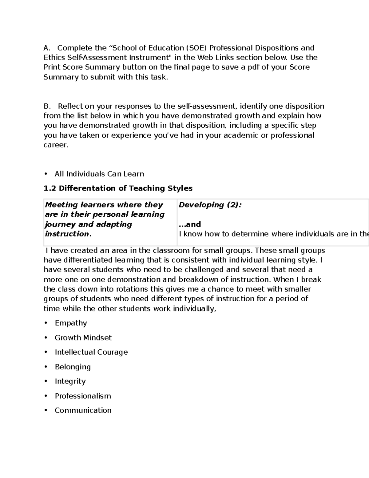 Self Reflection - A. Complete the “School of Education (SOE ...