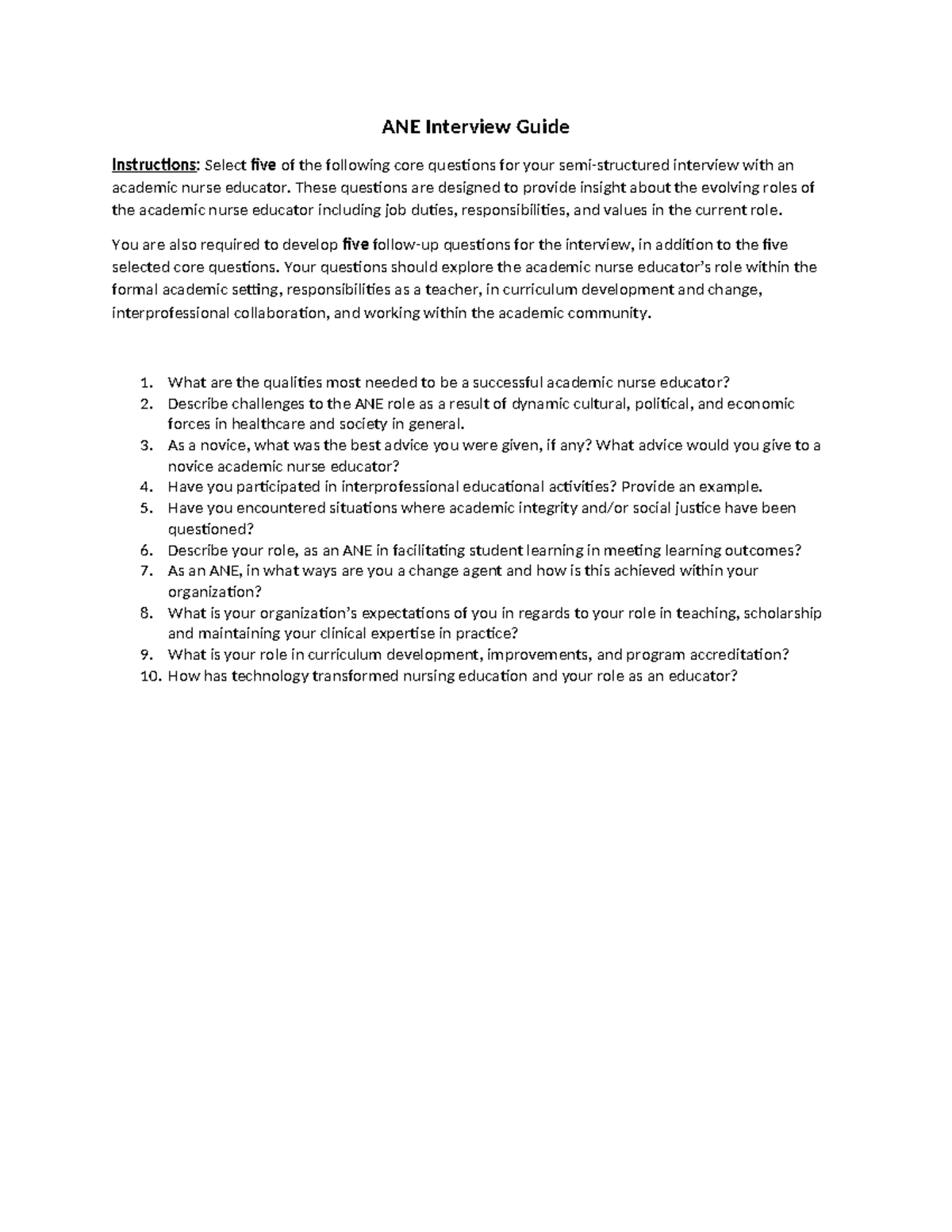 Interview Guide - 10 Core Questions - ANE Interview Guide Instructions ...