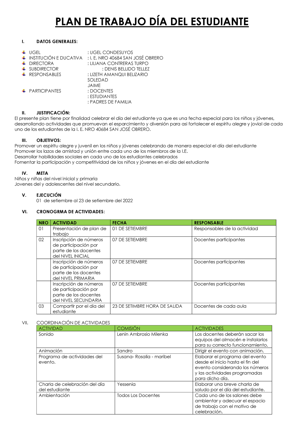 PLAN DE Trabajo DIA DEL Estudiante - PLAN DE TRABAJO DÕA DEL ESTUDIANTE ...