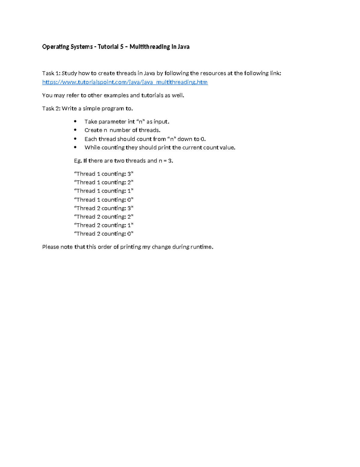 Tut5 Questions Operating System Operating Systems Tutorial 5 Multithreading In Java Task