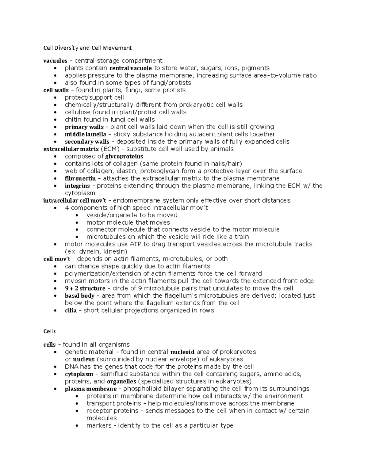 Bio C5 - Lecture notes 5 - Cell Diversity and Cell Movement vacuoles ...