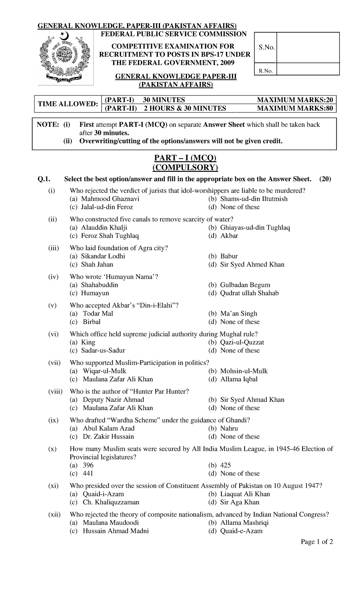 G.K. Pakistan Affairs 2009 - GENERAL KNOWLEDGE, PAPER-III (PAKISTAN ...