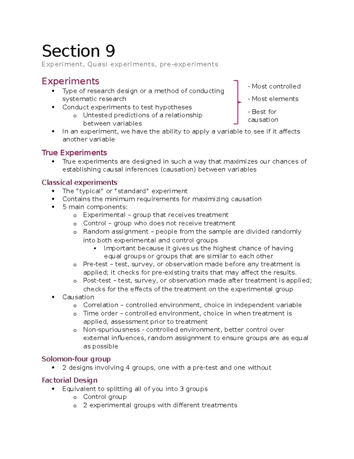 Section 9 - experiments - Section 9 Experiment, Quasi experiments, pre-experiments Experiments ...