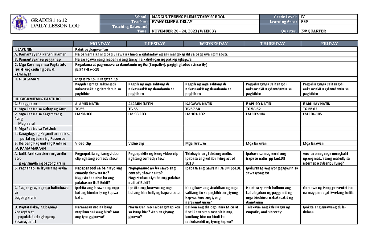 DLL ESP 4 Q2 W3 - SSS - GRADES 1 to 12 DAILY LESSON LOG School: MANGIN ...