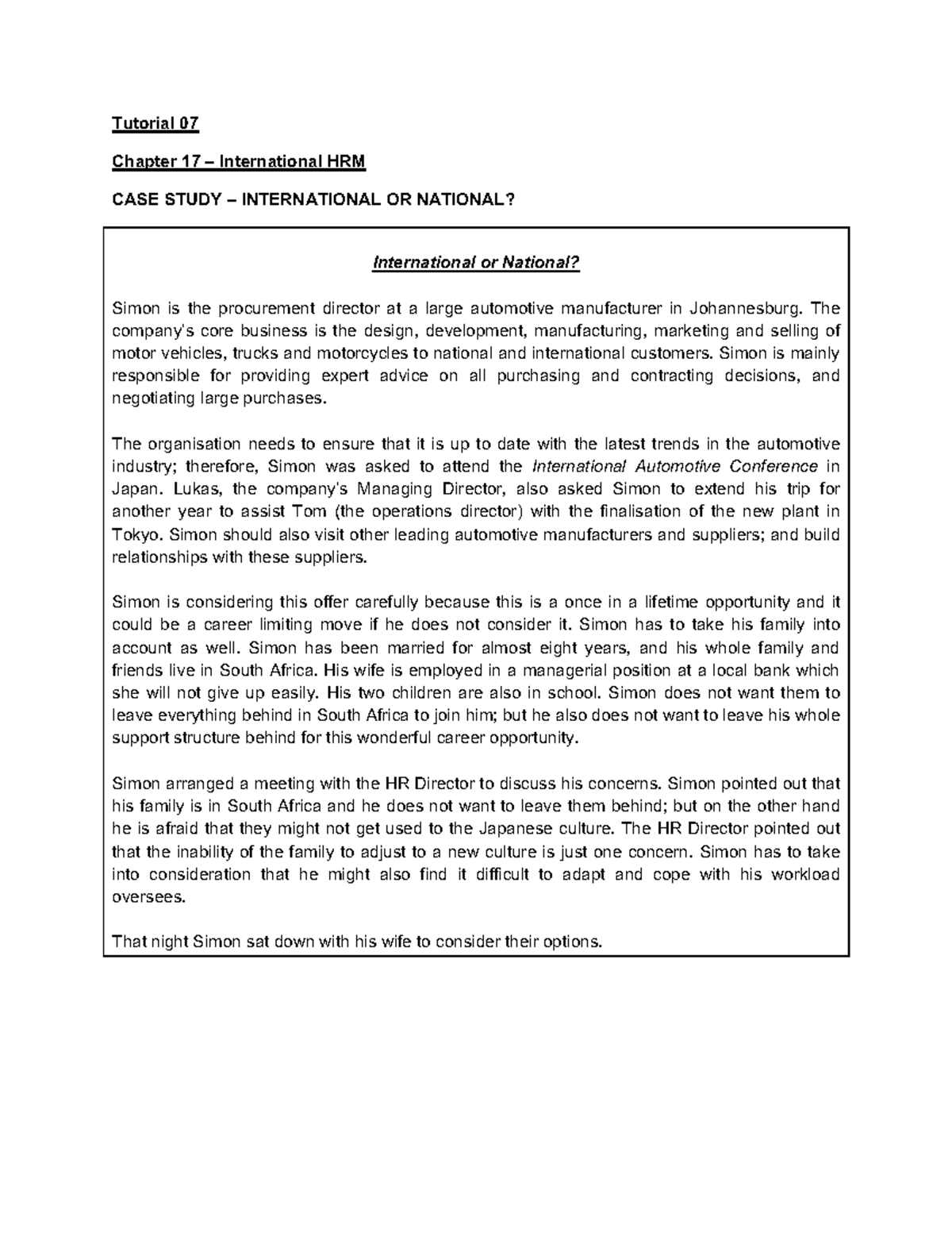 Tutorial 07 - Tutorial 07 Chapter 17 3 International HRM CASE STUDY 3 ...