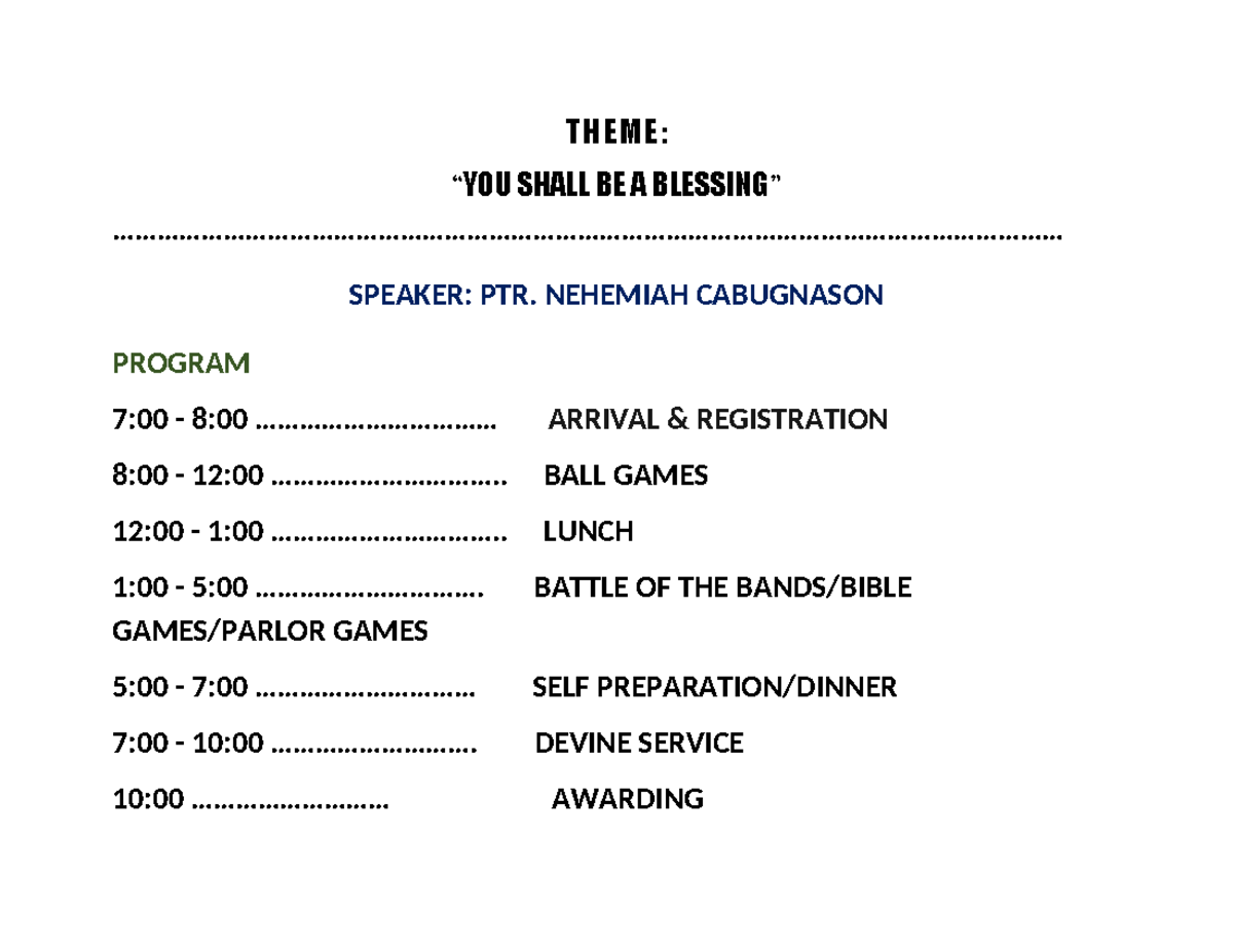 Program - NOTHING - THEME: “YOU SHALL BE A BLESSING” - Studocu