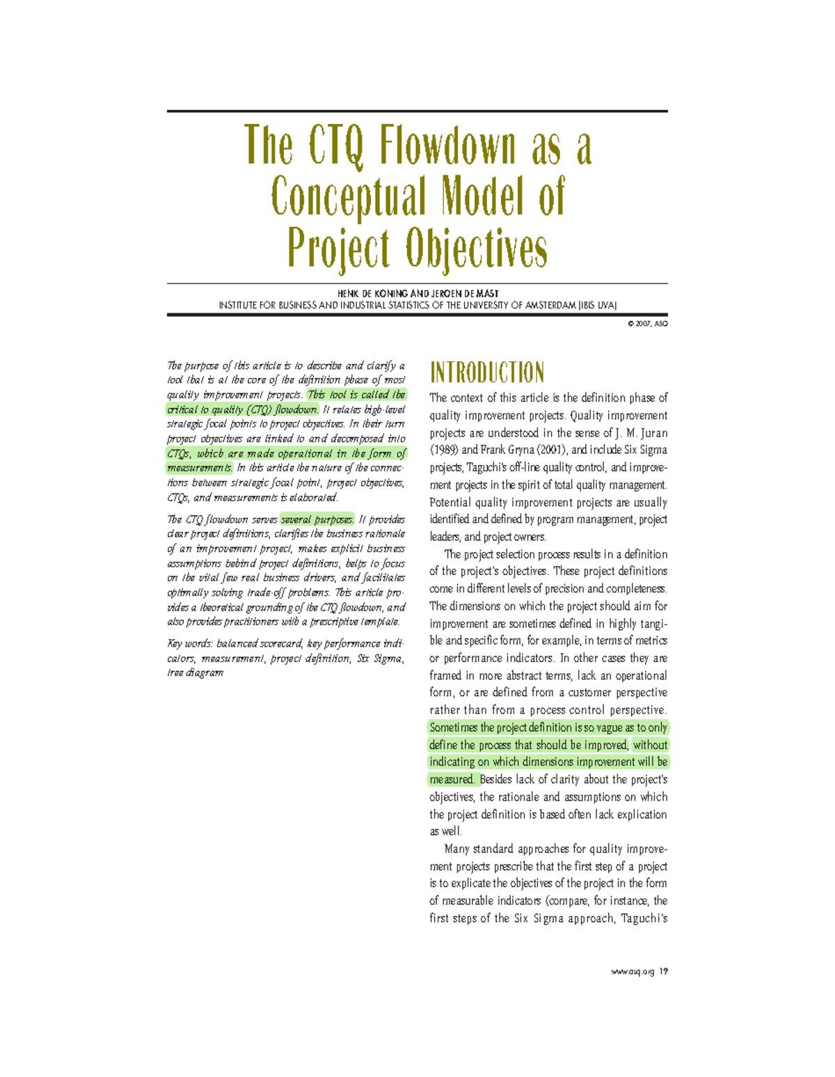 The CTQ Flowdown as a Conceptual Model of Project Objectives - Koning ...