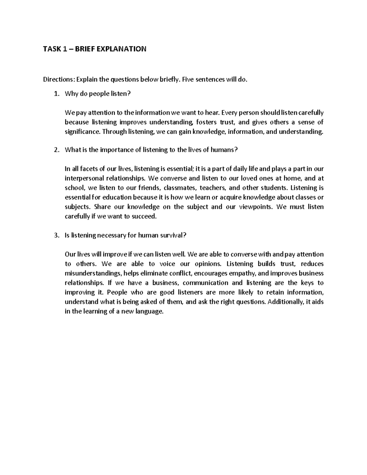 TASK 1 Brief Explanation - TASK 1 – BRIEF EXPLANATION Directions ...