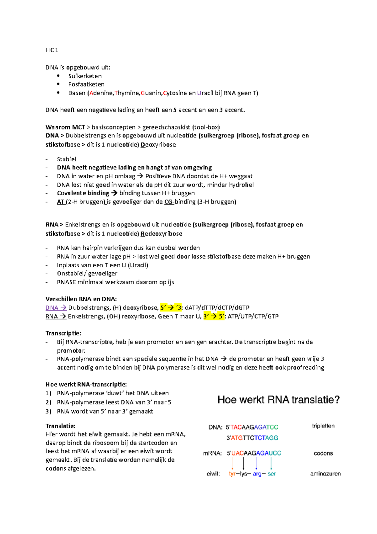 MCT samenvatting H1 - theorie basis PCR technieken en isolatie methode RNA en DNA - HC 1 DNA is ...