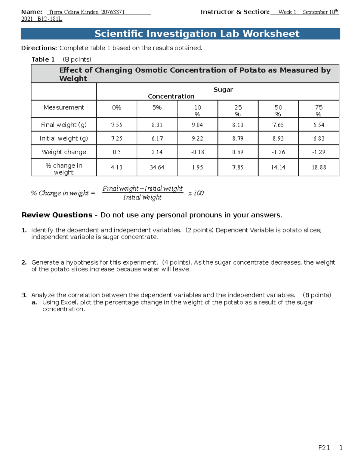 Scientific Investigation LAB Homework - Directions: Complete Table 1 ...