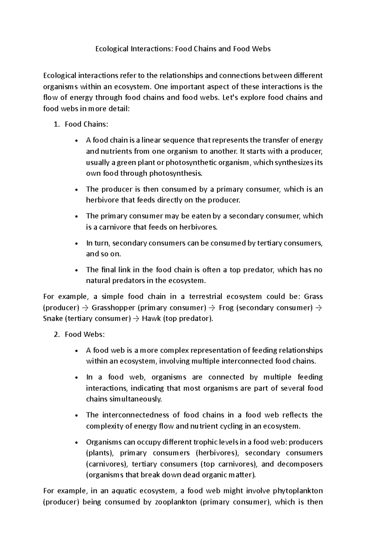 Ecological Interactions - One important aspect of these interactions is ...