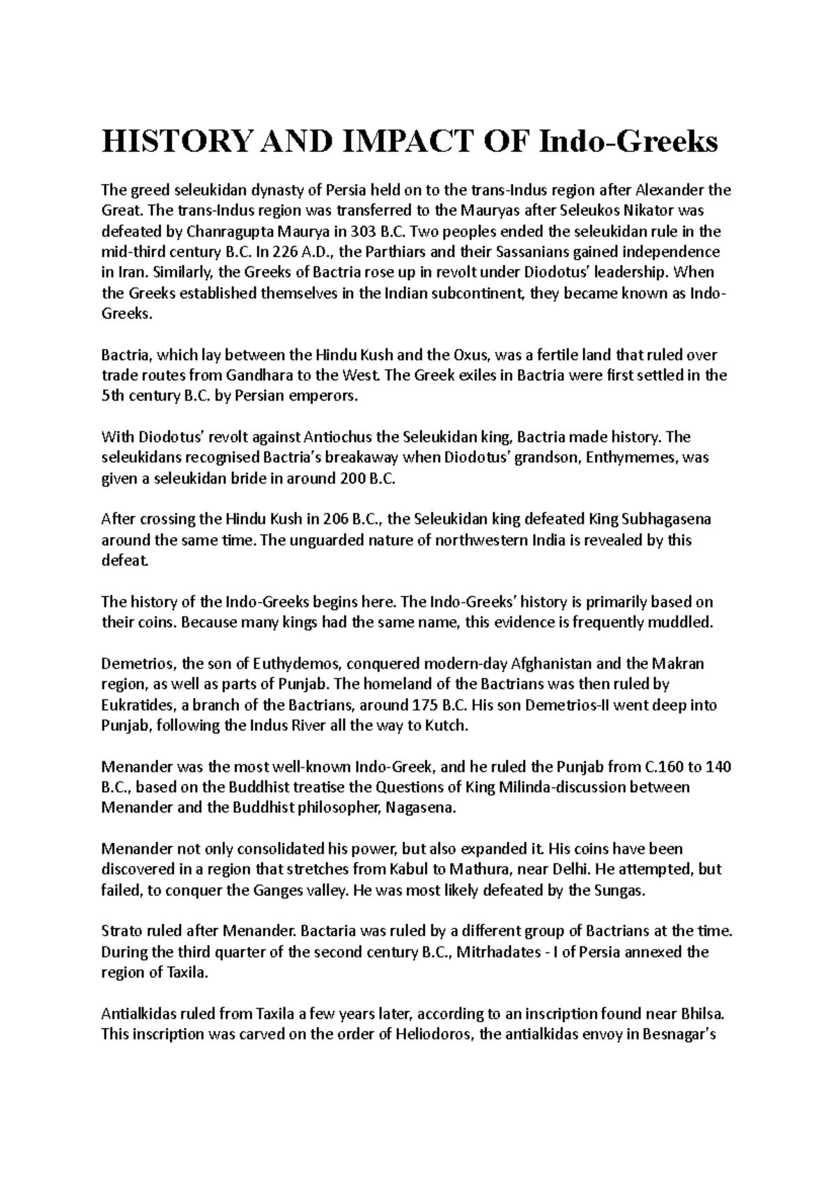 History AND Impact OF Indo Greek - Ancient India - AMU - Studocu