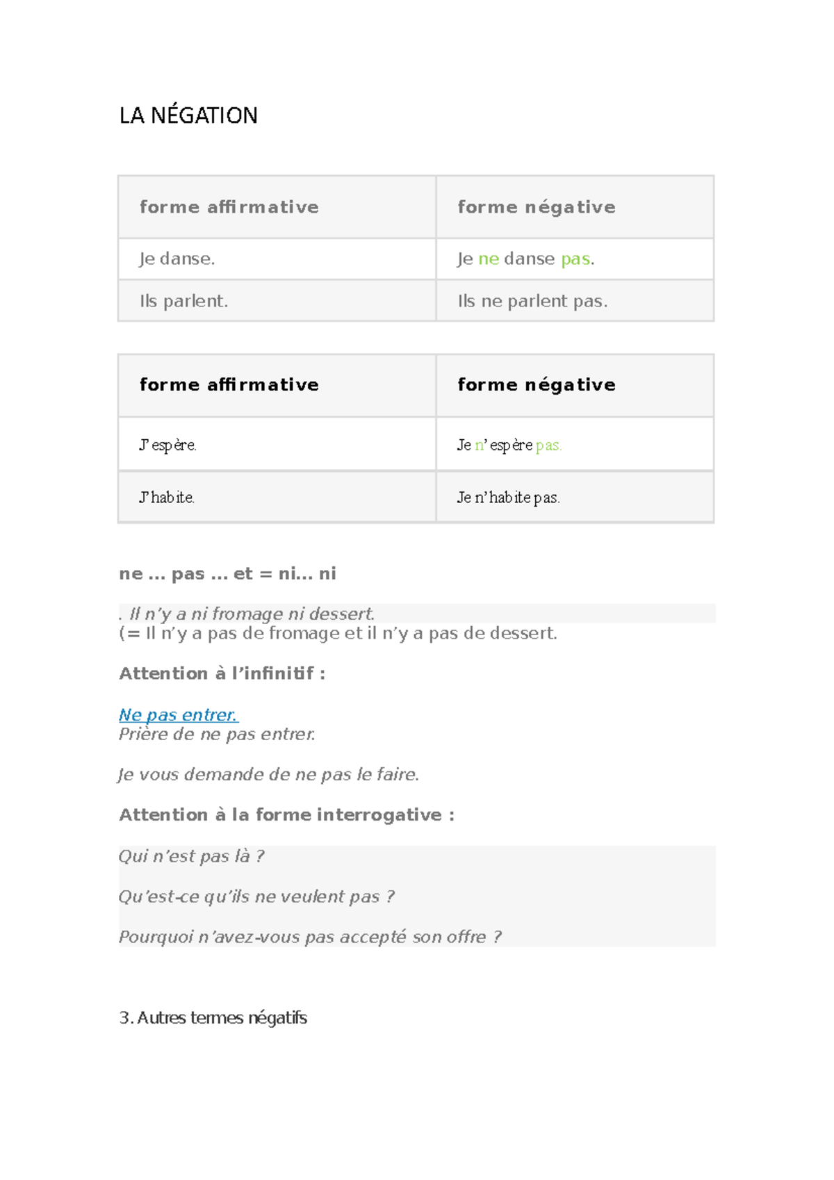 FRANCES: FORMA NEGATIVA - LA NÉGATION forme affirmative forme négative ...