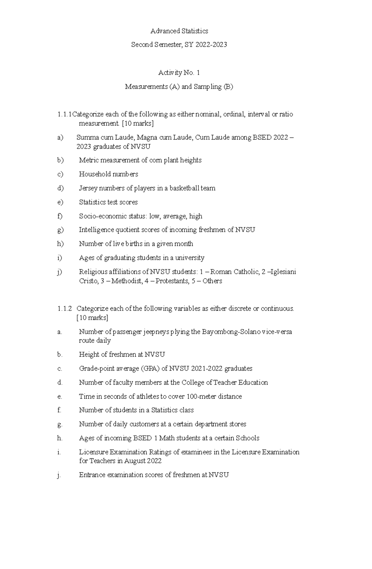 Activity 1 Advanced statistics - Advanced Statistics Second Semester ...