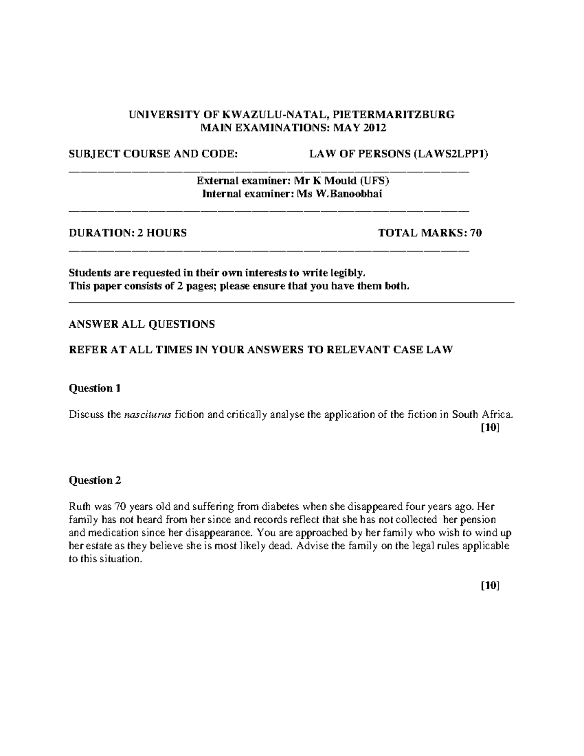 Persons June 2012 - past question paper. - UNIVERSITY OF KWAZULU-NATAL ...