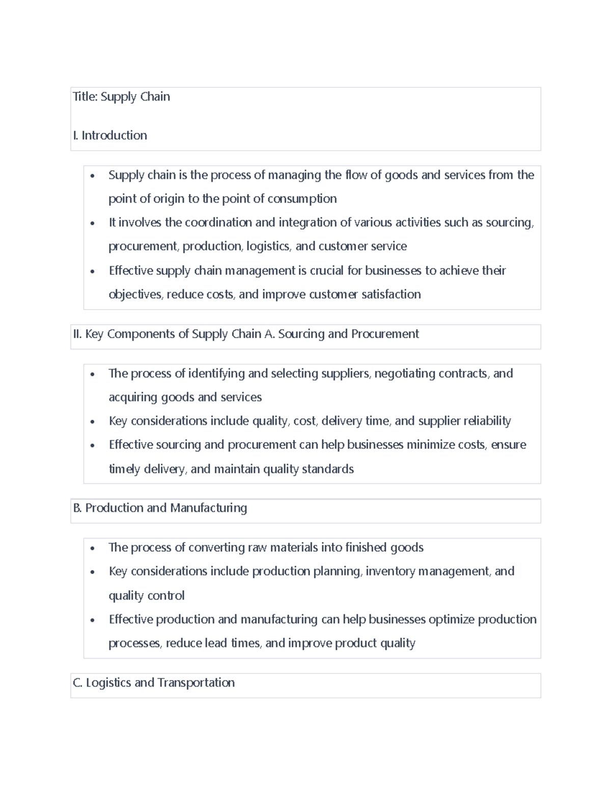 Supply Chain Notes - Title: Supply Chain I. Introduction • Supply chain ...