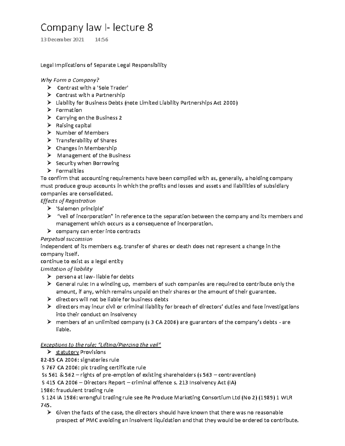 Company - Lecture notes 1 - Company law lecture 8 13 December 2021 14: ...