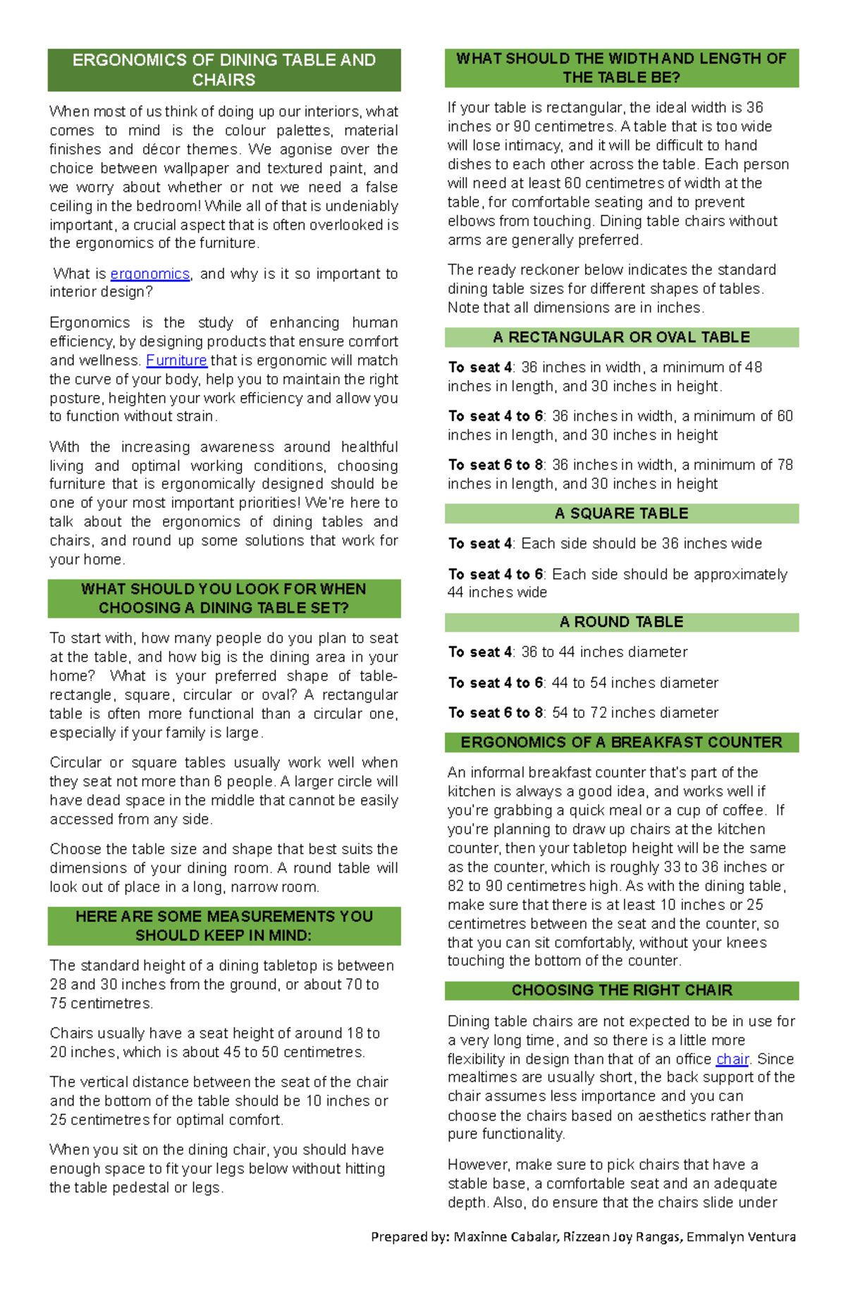 Ergonomics OF Dining Table AND Chairs Handouts - Prepared by: Maxinne ...