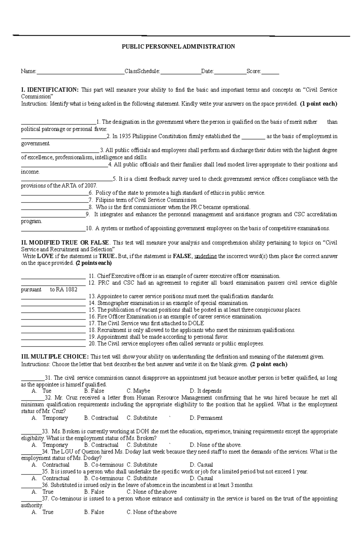 Sample MT EXAM PPA - PUBLIC PERSONNEL ADMINISTRATION - Studocu