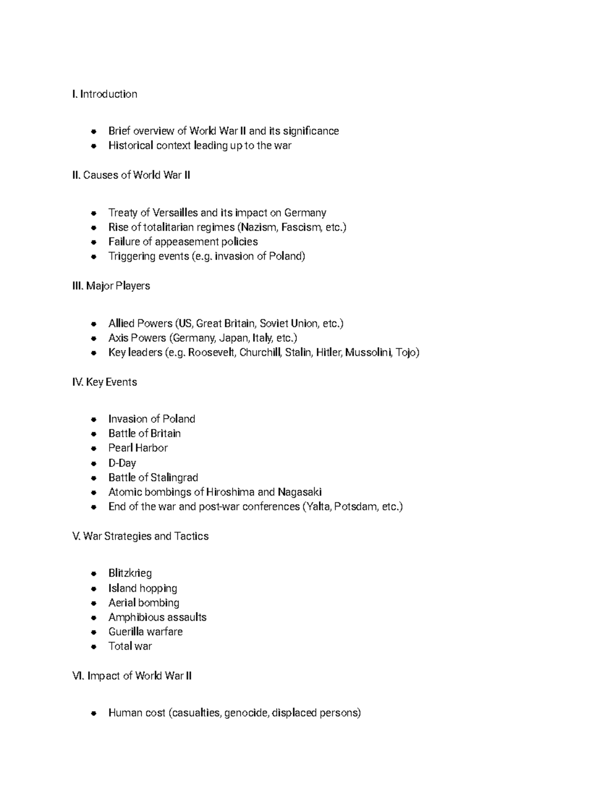 Study guide on WWll - I. Introduction Brief overview of World War II ...