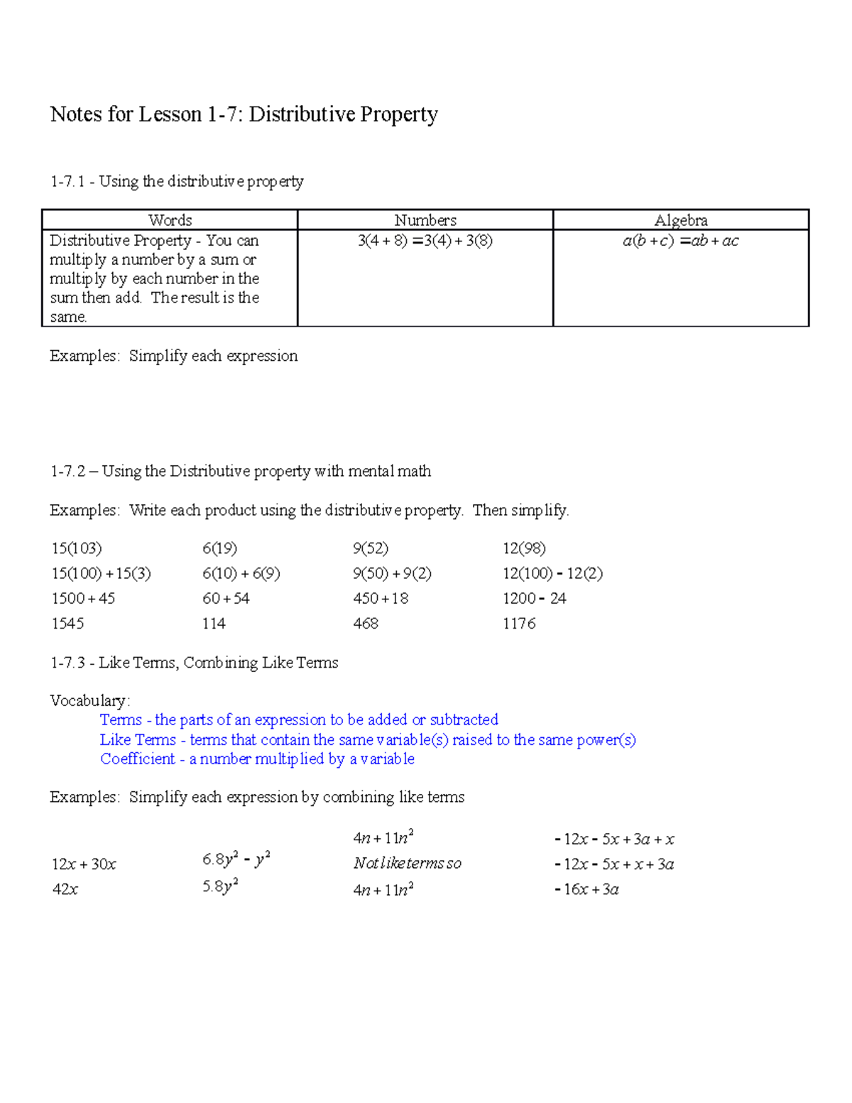 College Algebra Lesson-1-7 - Notes for Lesson 1-7: Distributive ...