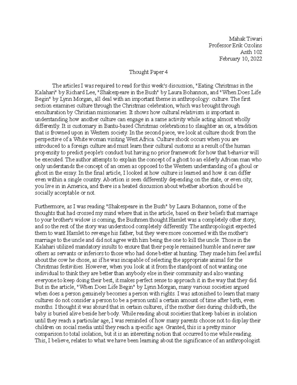 TP 4 MT - Thought Paper 4 - Mahak Tiwari Professor Erik Ozolins Anth ...