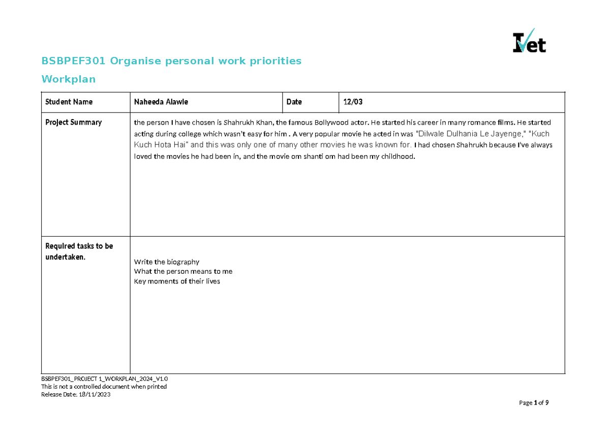 Bsbpef 301 Workplan - sdghj - BSBPEF301 Organise personal work ...