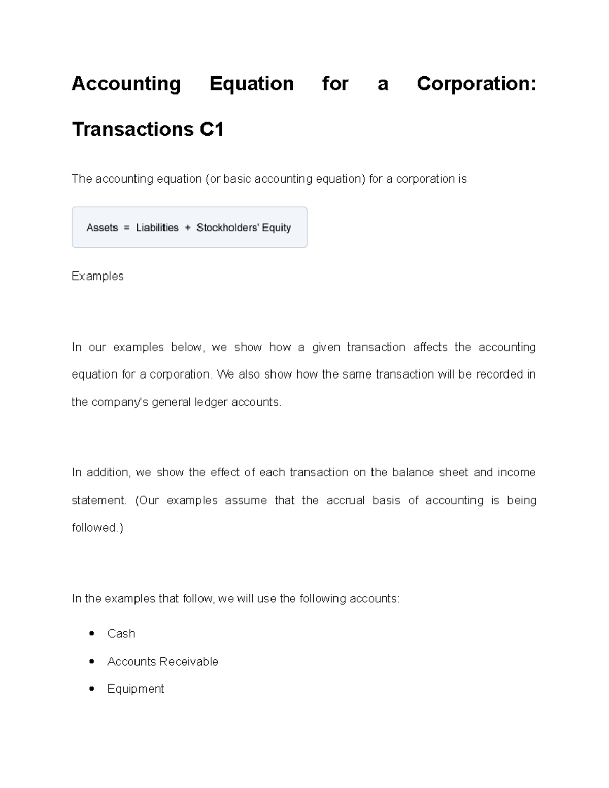 Accounting Equation for a Corporation - We also show how the same ...