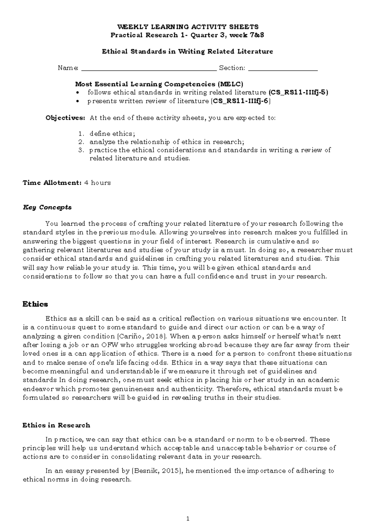 WLAS Practical Research 1 W78 - WEEKLY LEARNING ACTIVITY SHEETS Practical Research 1- Quarter 3 ...