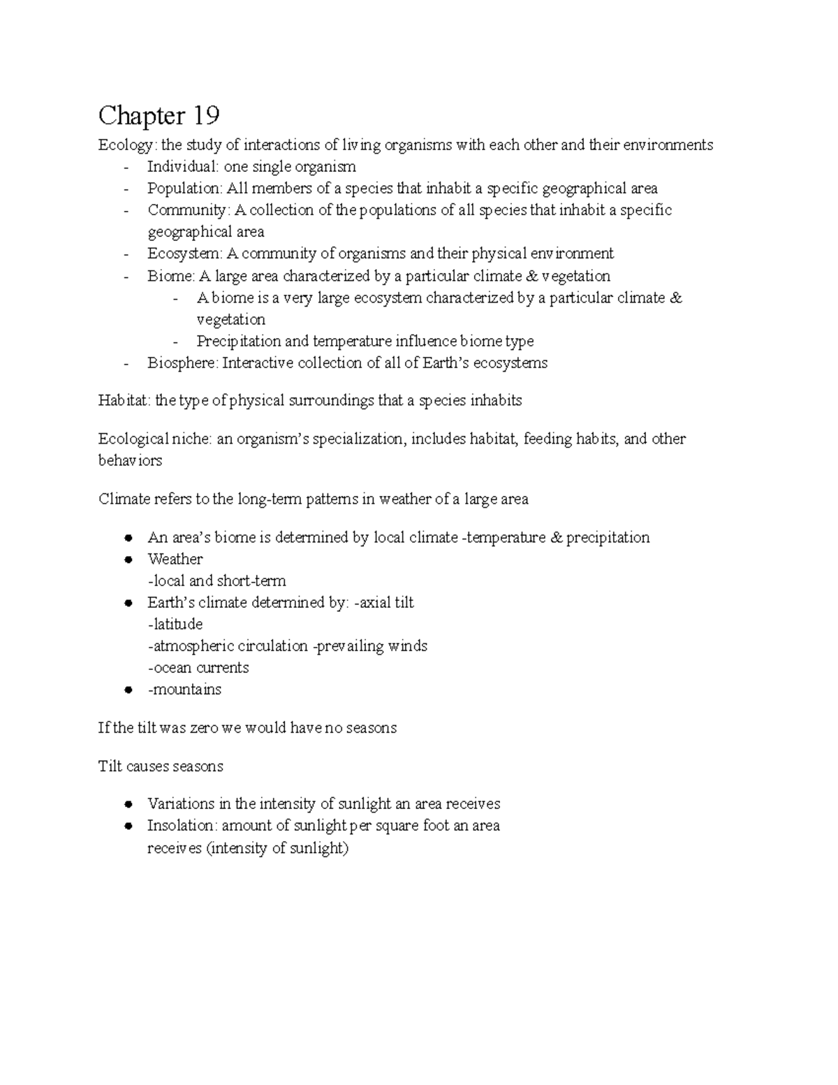 BIO ch19 - Biology lecture notes chapter 19 ecology/ecosystems ...