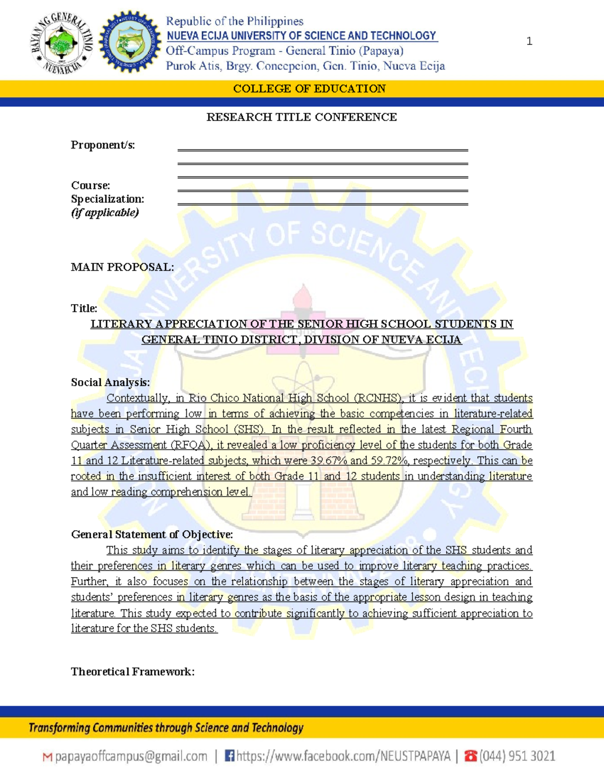 Research proposal Example - COLLEGE OF EDUCATION RESEARCH TITLE ...