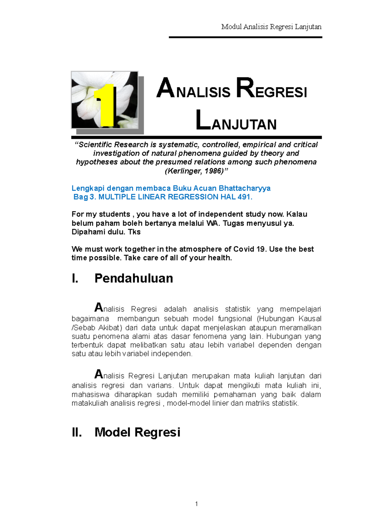 Modul Analisis Regresi - ANALISIS REGRESI LANJUTAN “Scientific Research is systematic ...