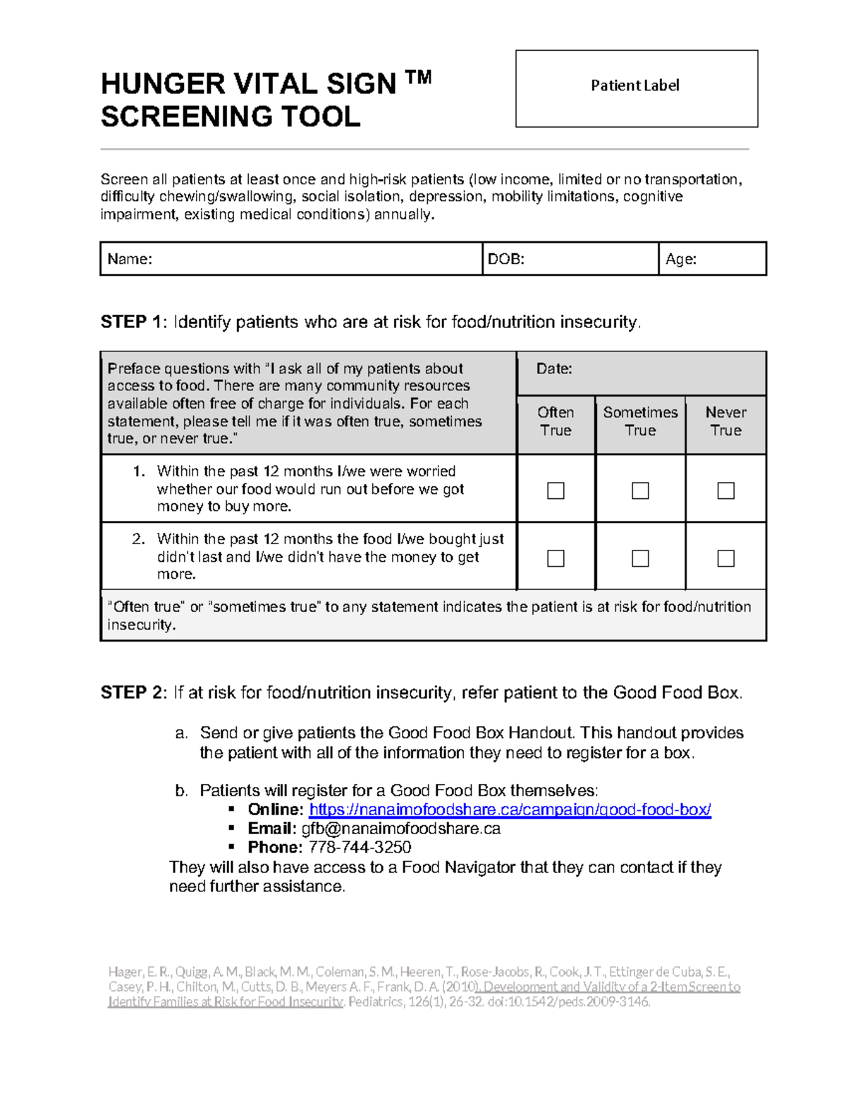 Baseline only package ENG - HUNGER VITAL SIGN TM SCREENING TOOL Screen ...