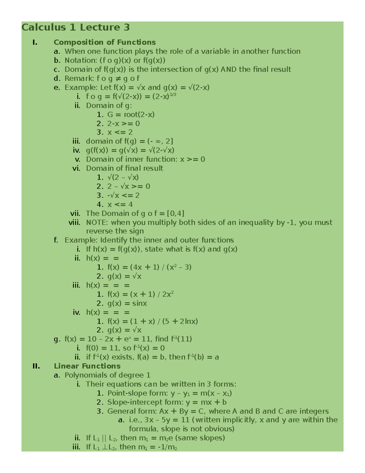 Calculus 1 Lecture 3 Composition Of Functions Linear Functions