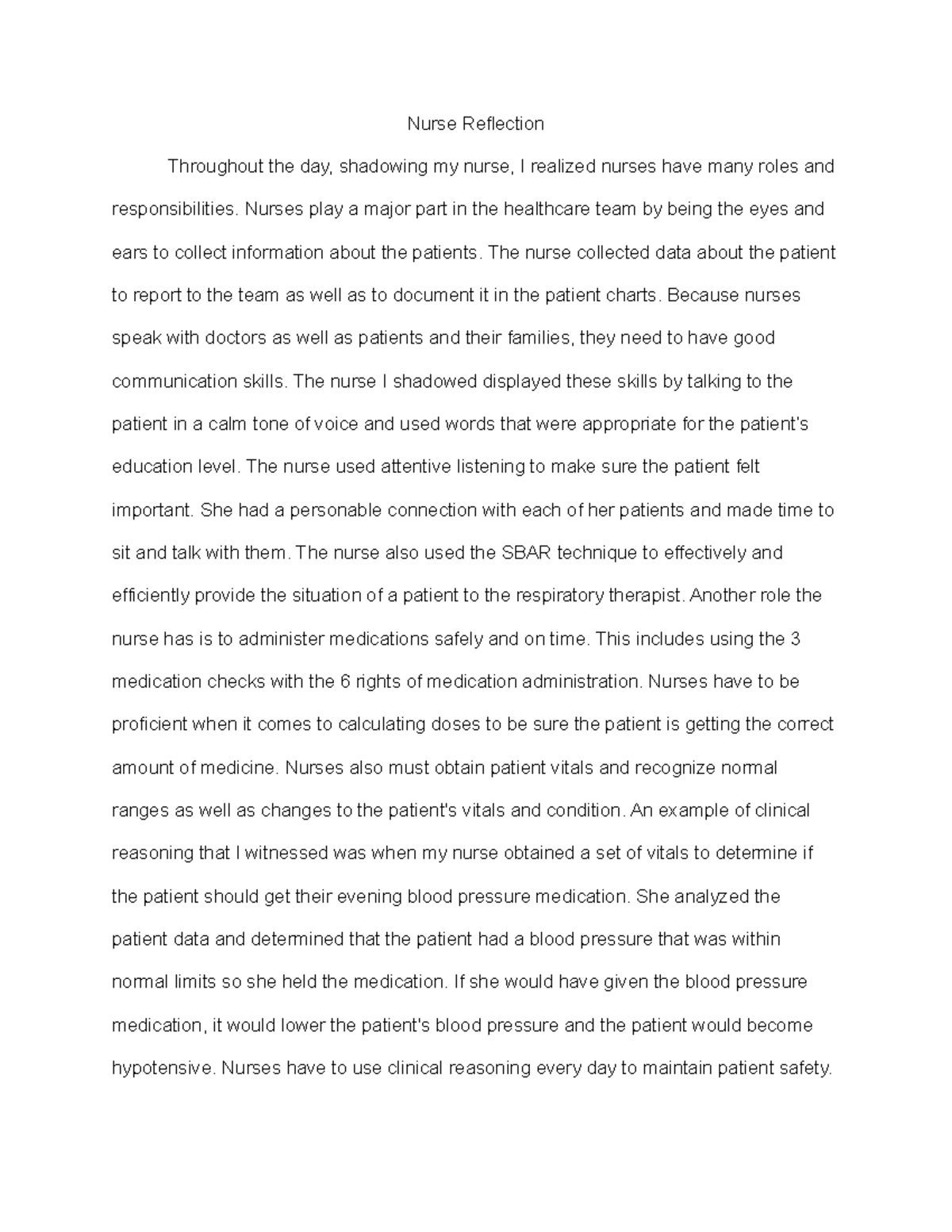 Week 1 Reflection Paper - Nurse Reflection Throughout the day ...