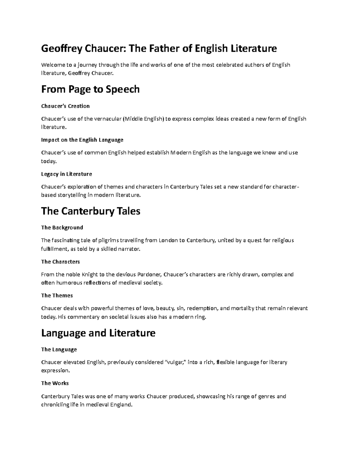 Chaucer as father of English - Geoffrey Chaucer: The Father of English ...