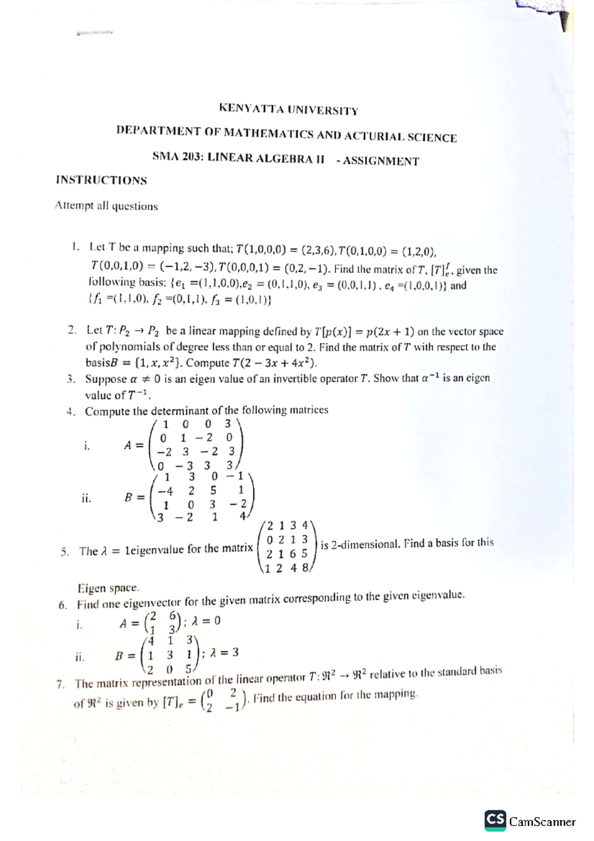Linear Algebra II CAT 2 - for semester 1 - Linera algebra - CamScanner ...