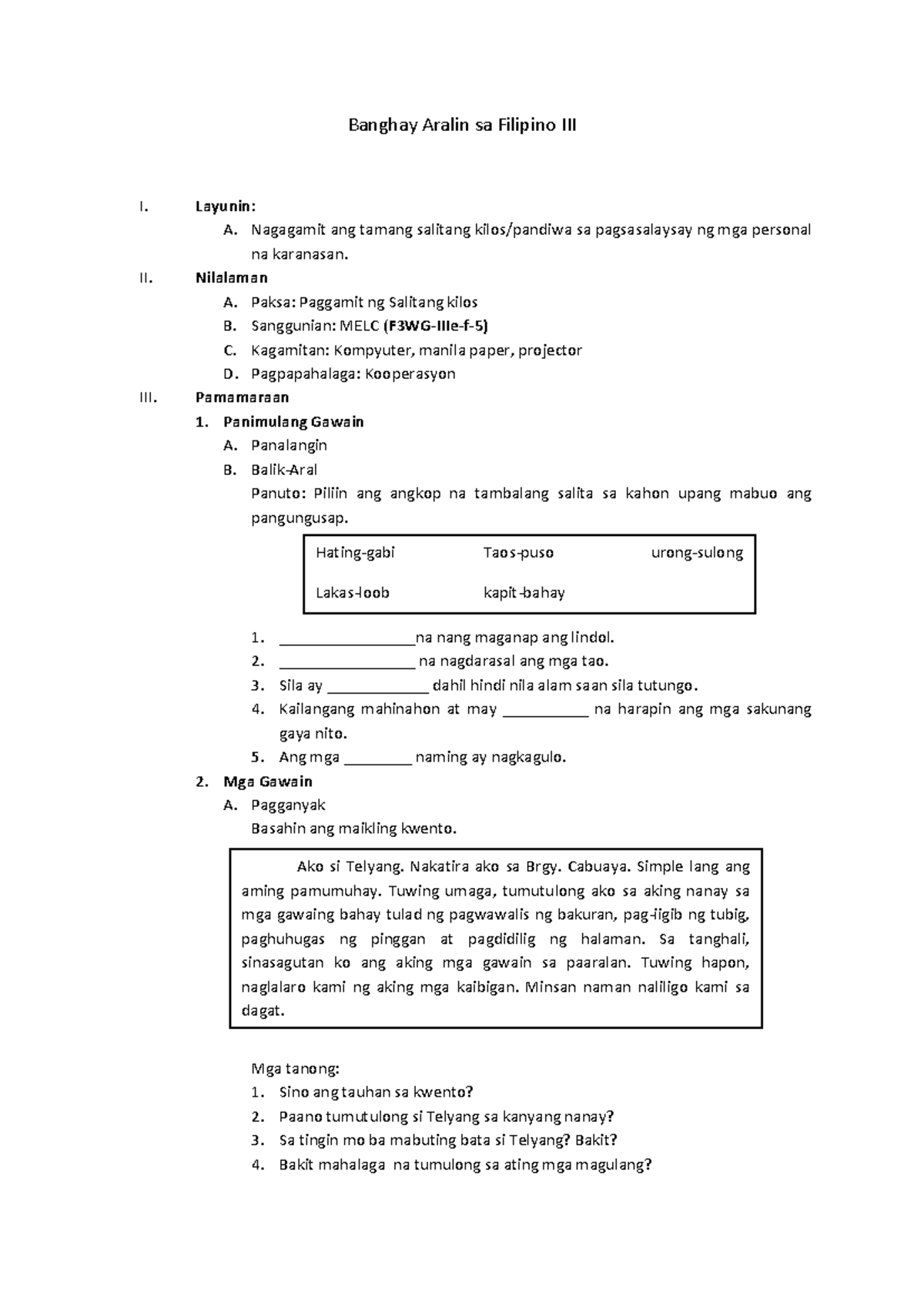 Banghay Aralin sa Filipino III - Hating-gabi Taos-puso urong-sulong ...