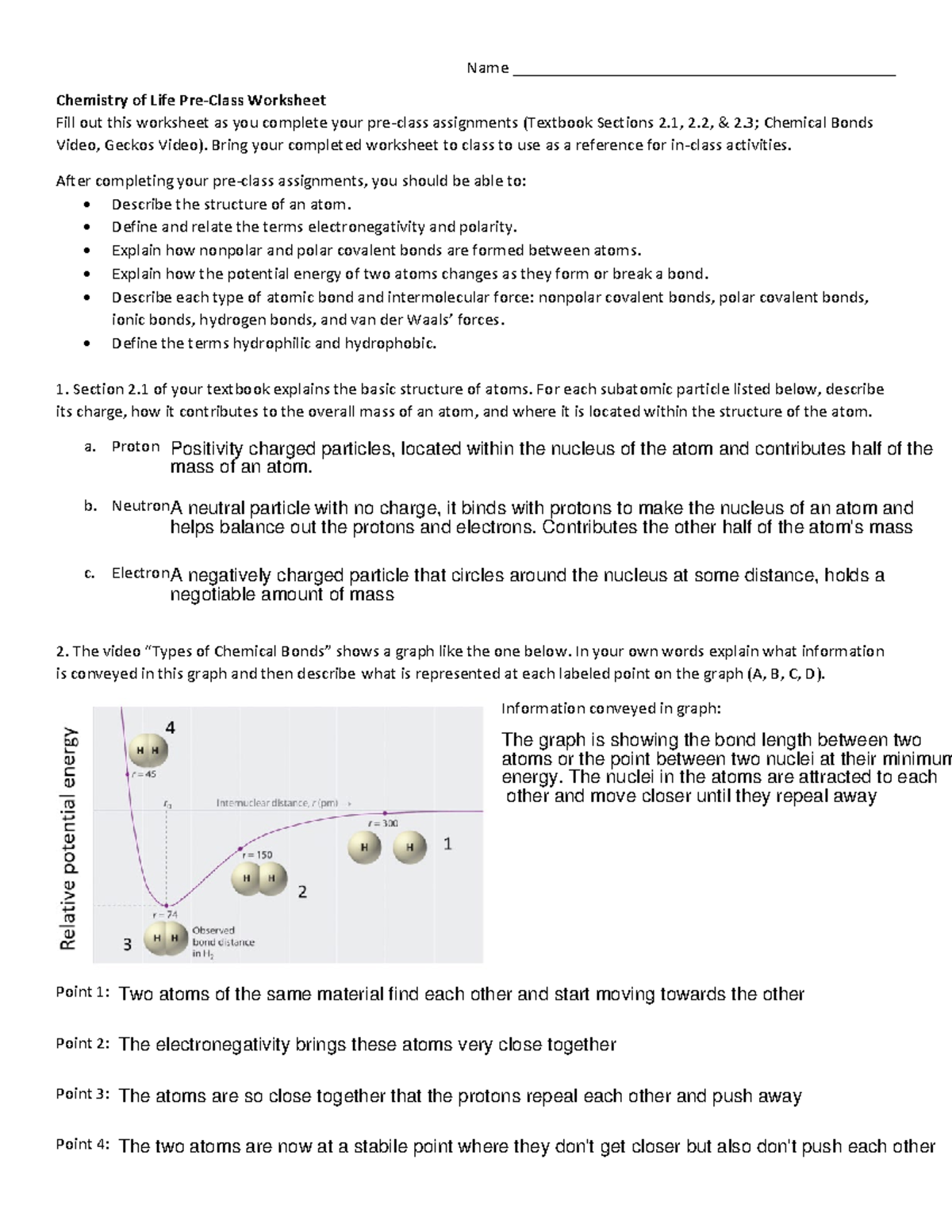 Week 1b Pre-Class Reading Guide - Chemistry of Life - Name - Studocu