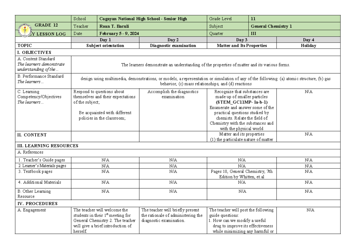 Week 1 - Feb. 5-9 - Chemistry - School Cagayan National High School ...