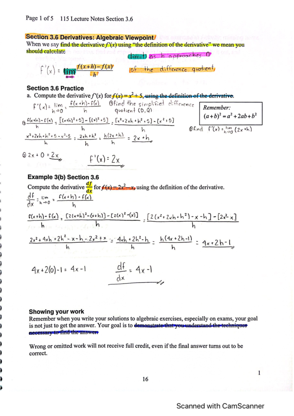 Business Calculus Section 3.6 Derivatives Algebraic Viewpoint - MATH ...