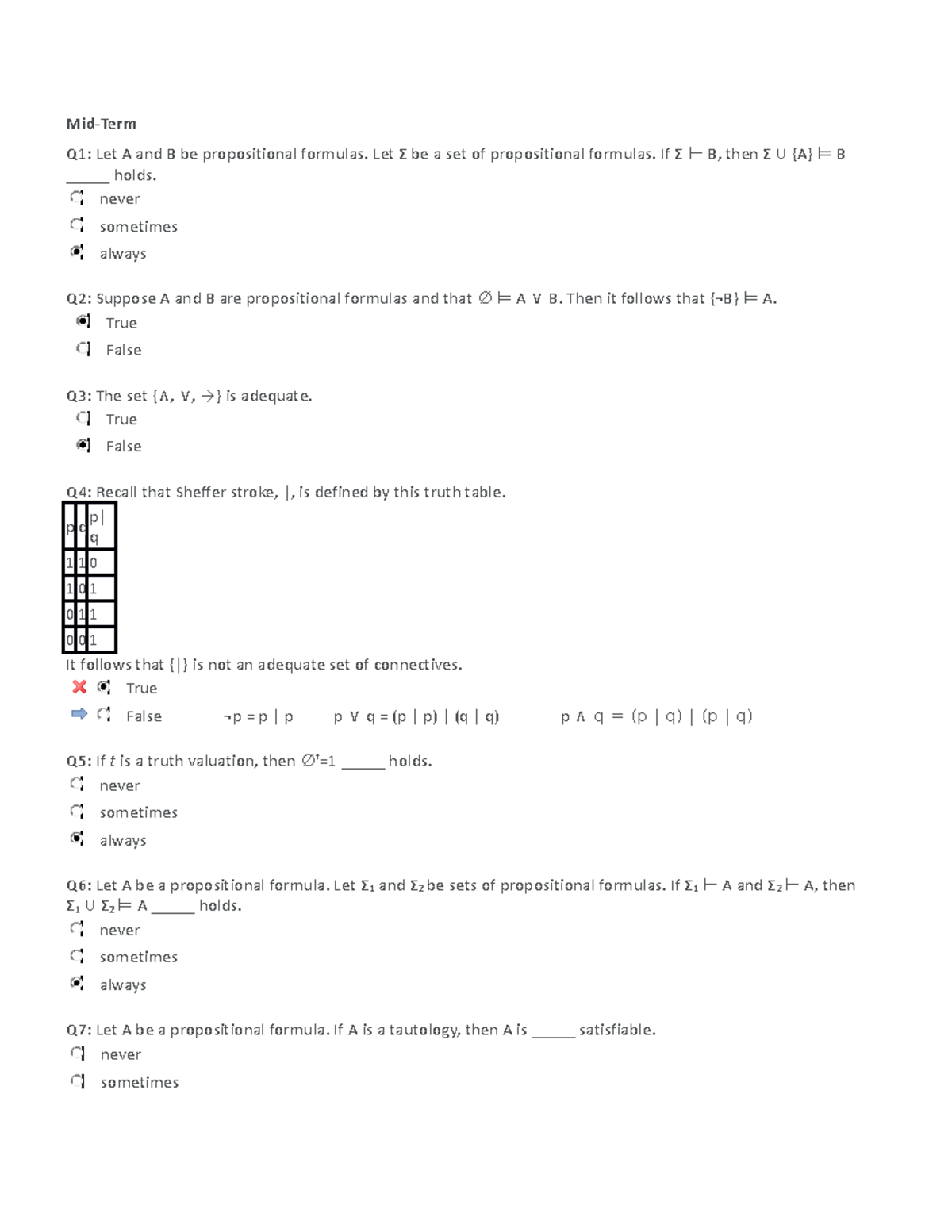 CS245-Quiz - Multiple choices with answers - Mid-Term Q1: Let A and B ...