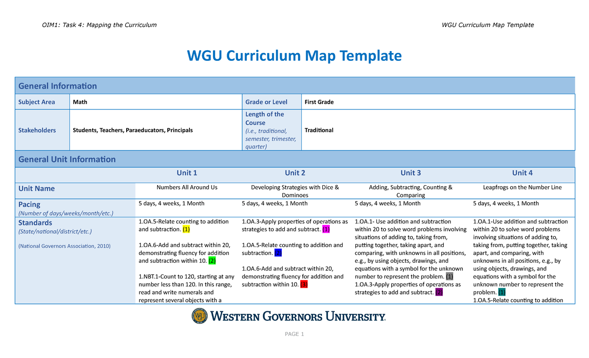 WGU Curriculum Map- Task 4 - WGU Curriculum Map Template General Information Subject Area Math ...
