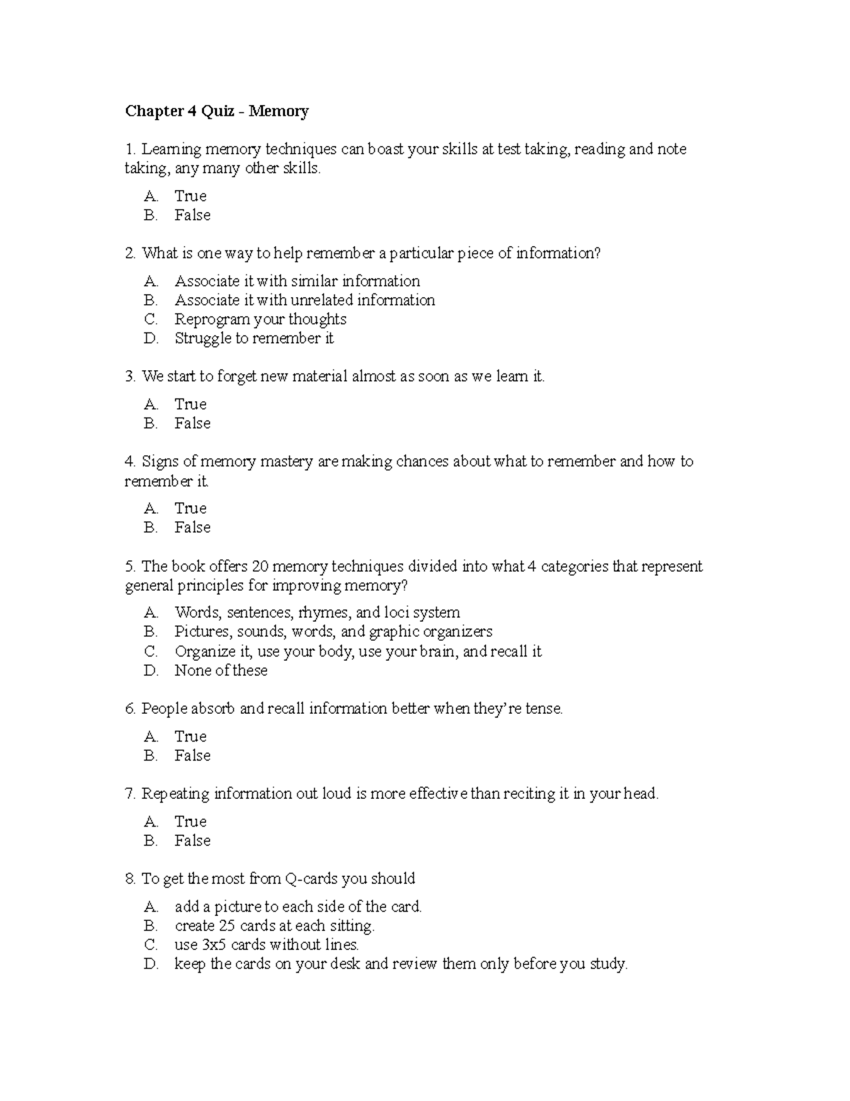 LEAD 1370-WEEK 5- Assignment 1 - Chapter 4 Quiz - Memory Learning ...