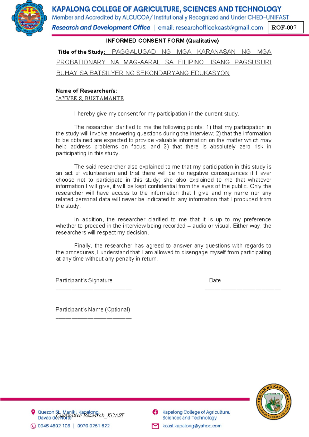 Informed Consent - INFORMED CONSENT FORM (Qualitative) Title of the ...
