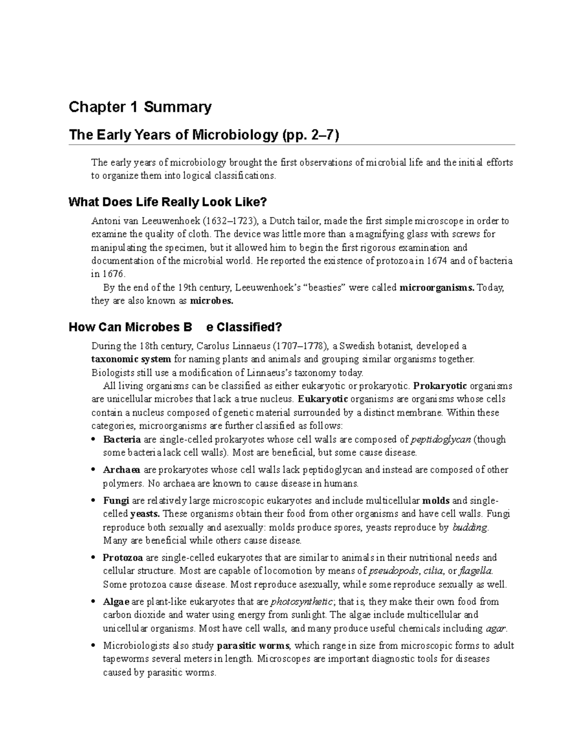 Chapter 1 Summary - Lecture - Chapter 1 Summary The Early Years of Microbiology (pp. 2–7) The ...