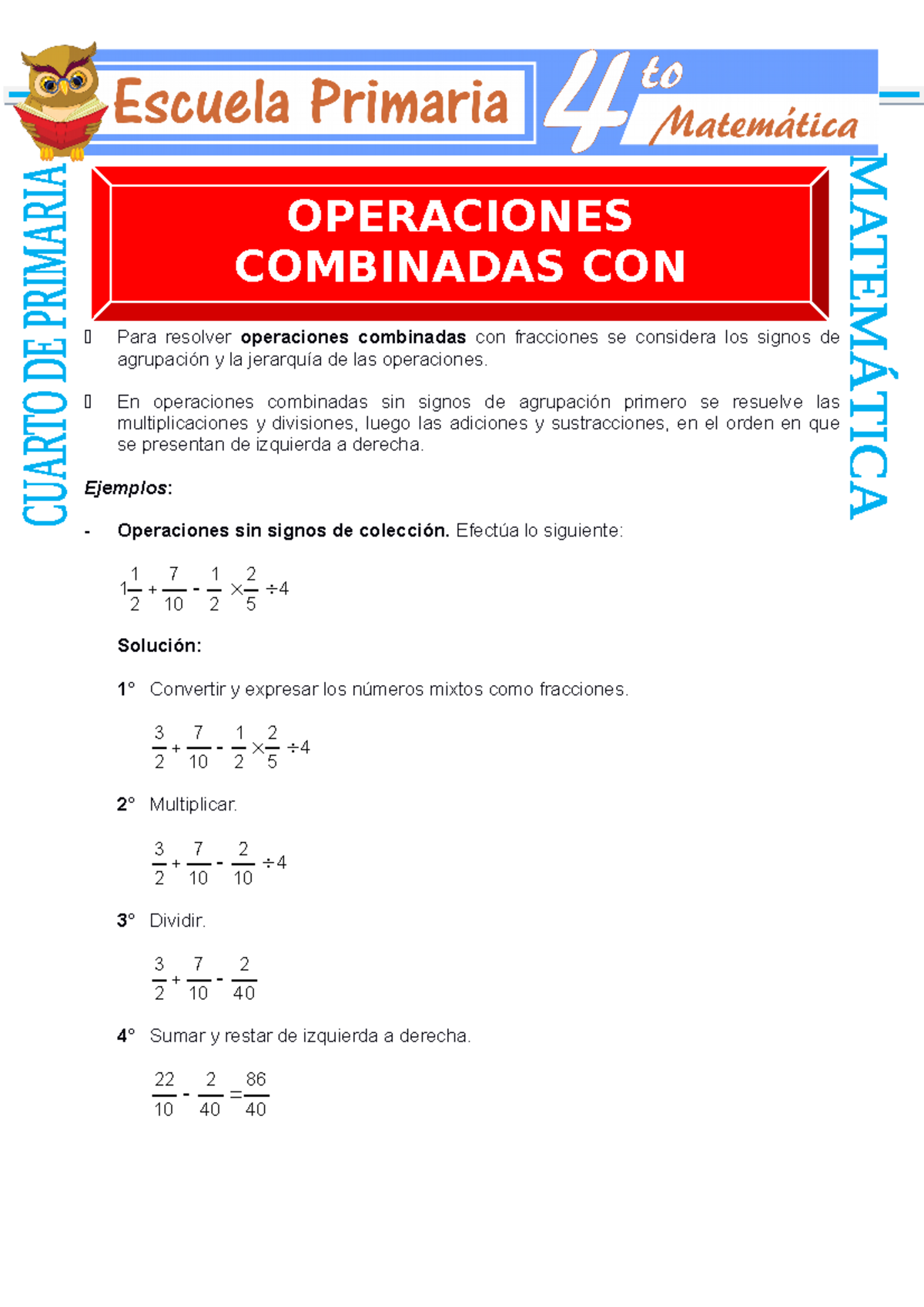 Operaciones Combinadas con Fracciones para Cuarto de Primaria - de ... Operaciones Combinadas con Fracciones para Cuarto de Primaria - de ...