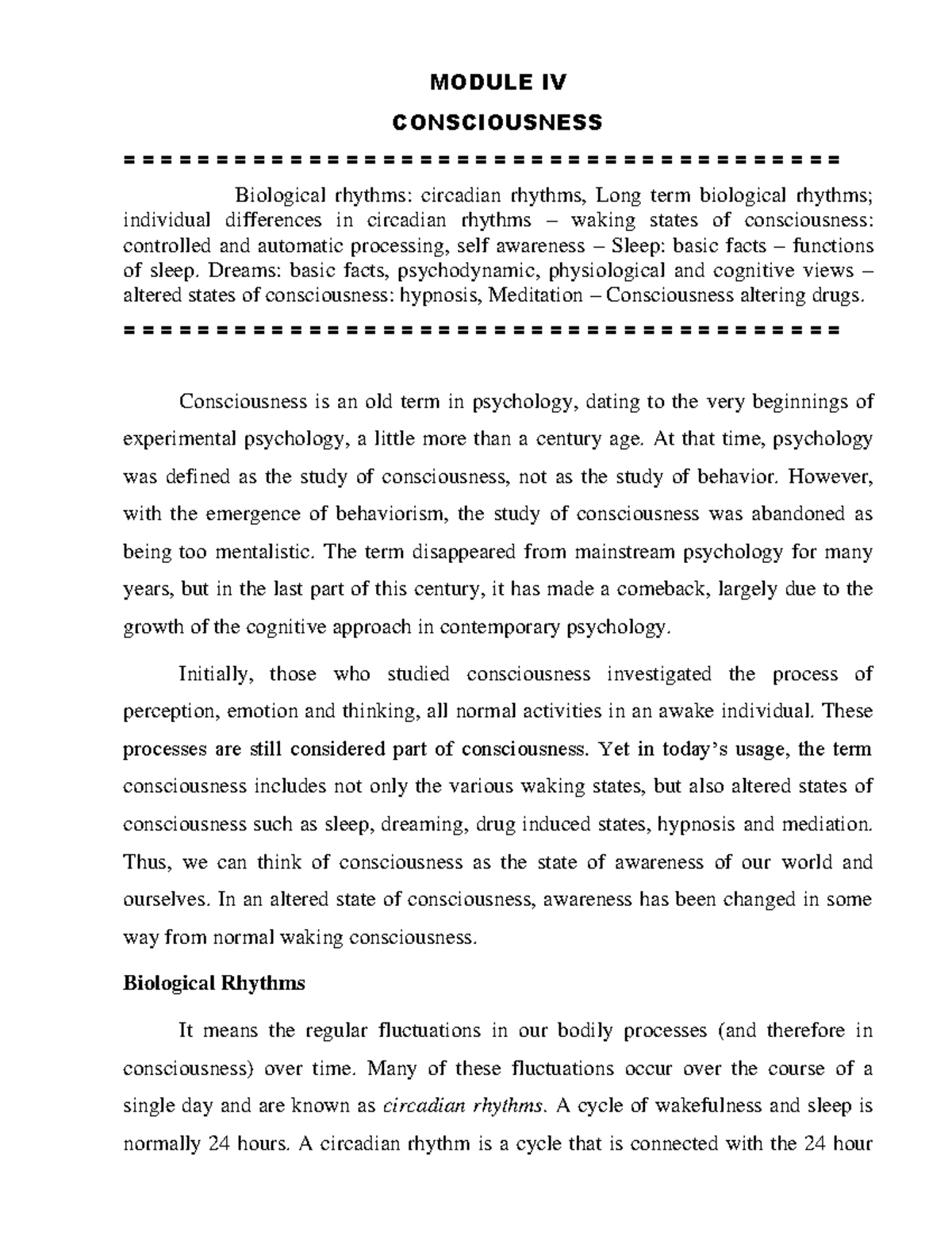 04. Consciousness - lecture notes - MODULE IV CONSCIOUSNESS